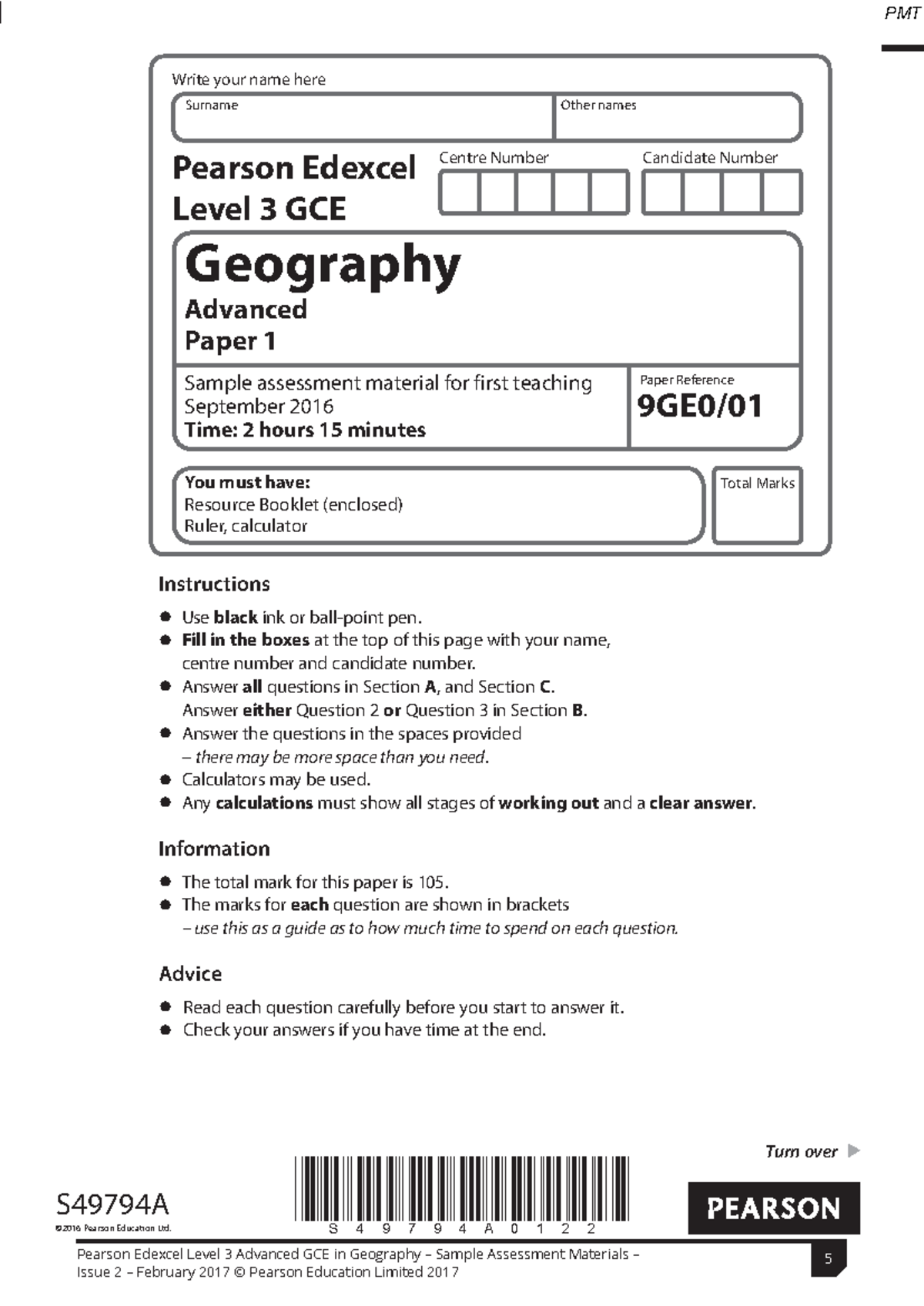 Edexcel Geography A-level Paper 1 Specimen Exam (2016) - Studocu