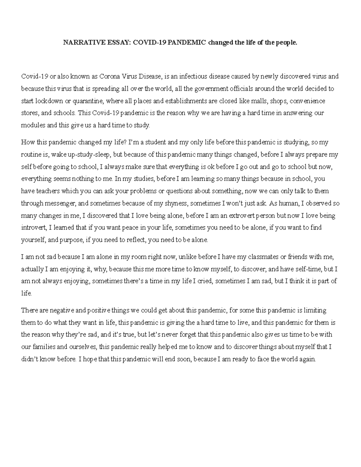 NARRATIVE ESSAY: Life Changes During the COVID-19 Pandemic - Studocu