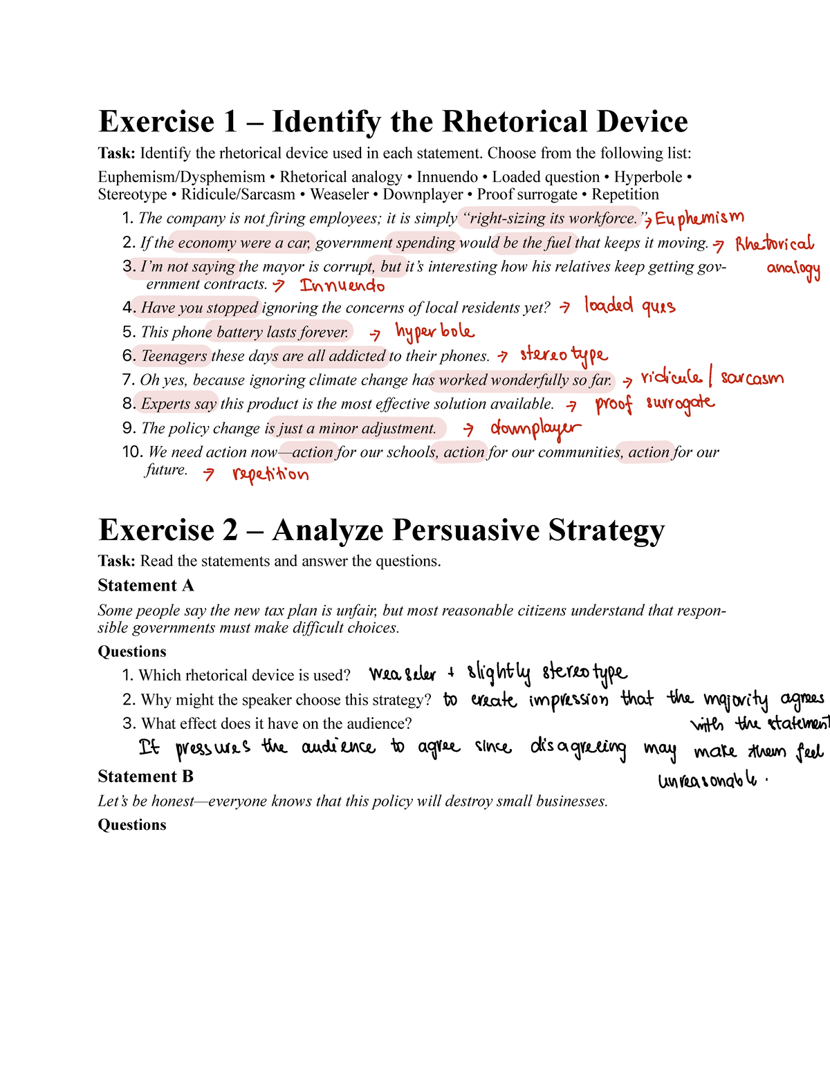 Rhetorical Devices Analysis and Exercises for ENG 101 - Studocu