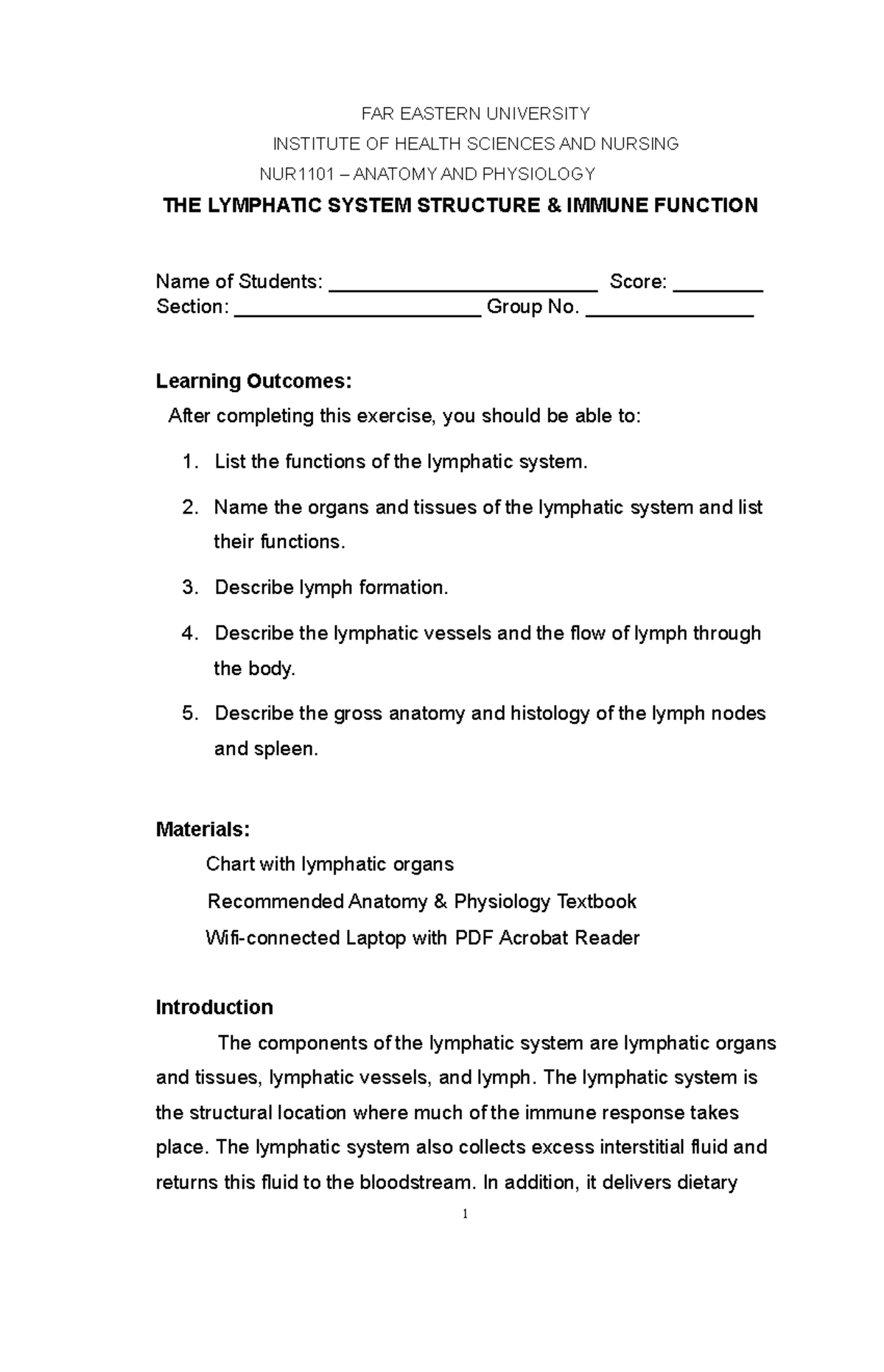 Final Exam Notes: Lymphatic System (NUR1101 - Anatomy & Physiology ...
