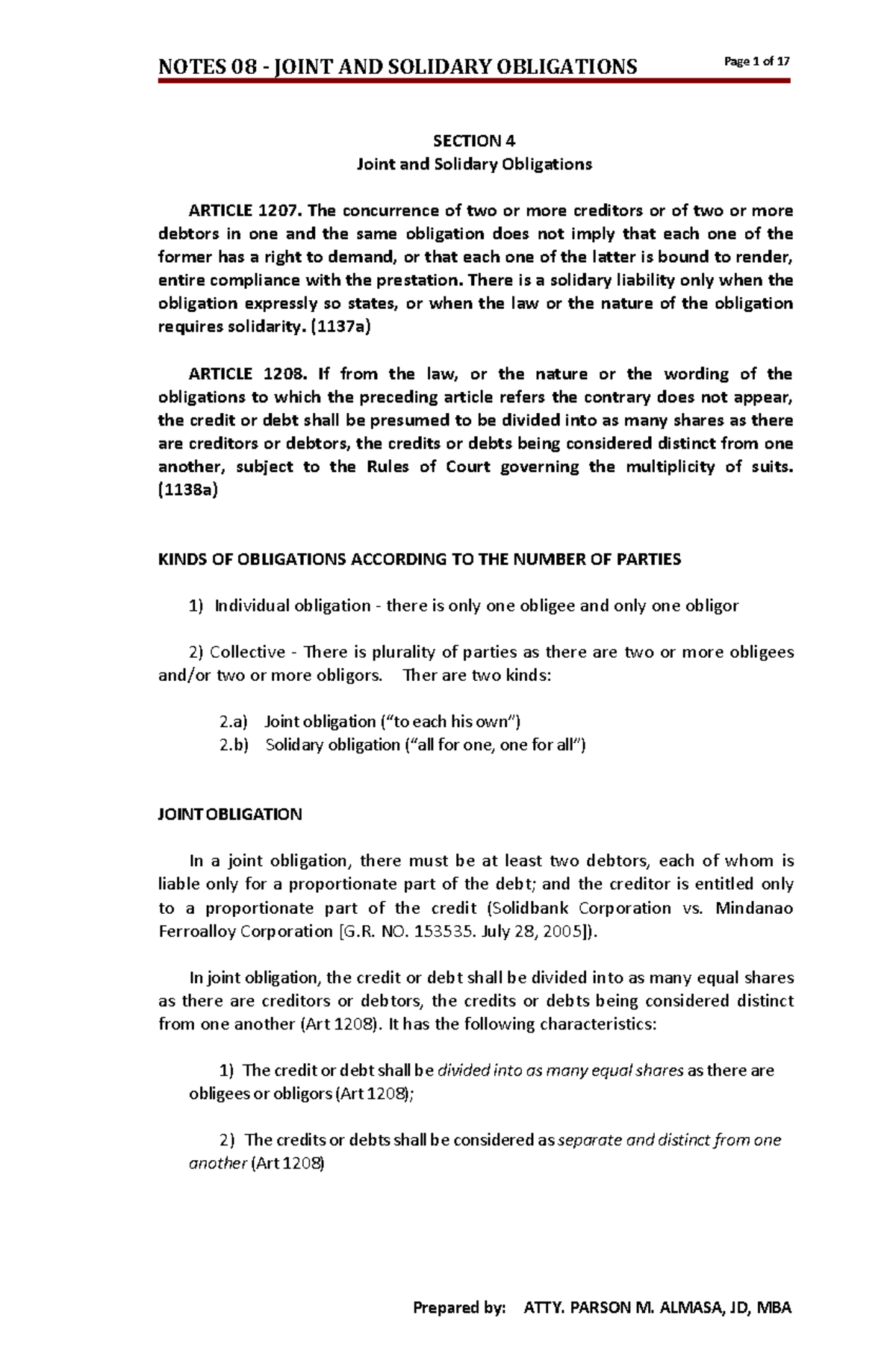 Notes 08 - Joint and Solidary Obligations Overview - Studocu