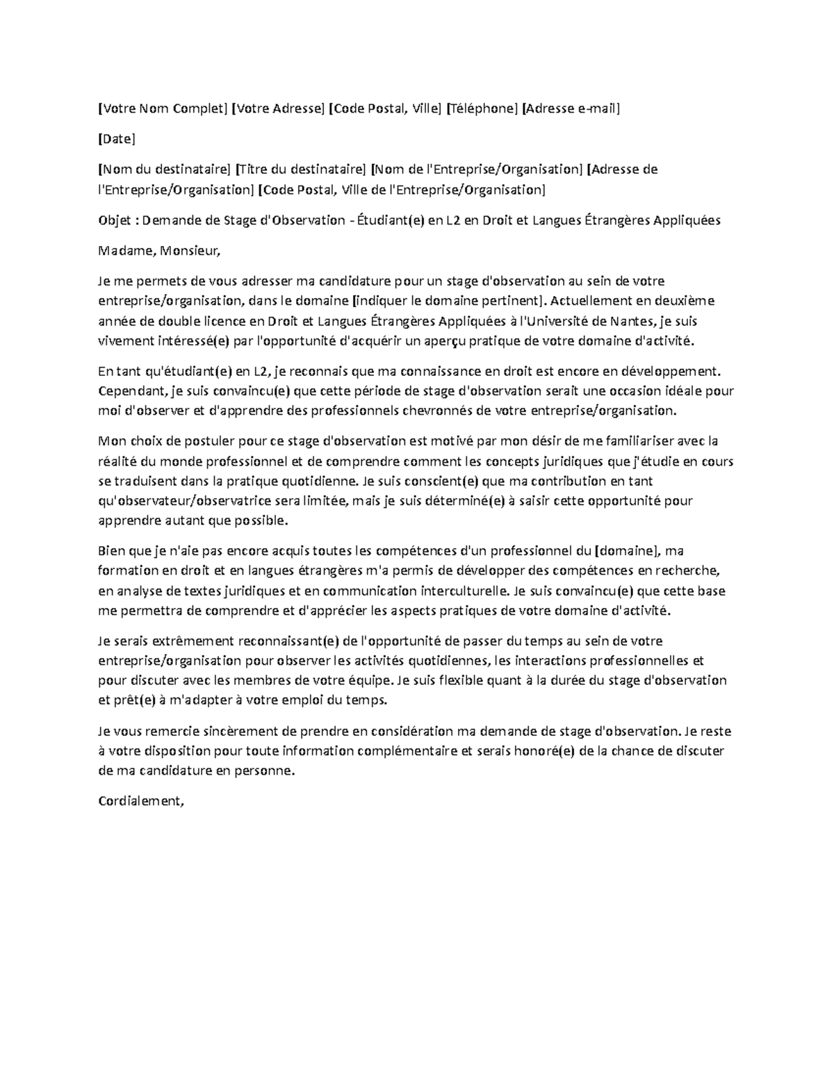 Votre Nom Complet - lettre de motivation stage - [Votre Nom Complet ...
