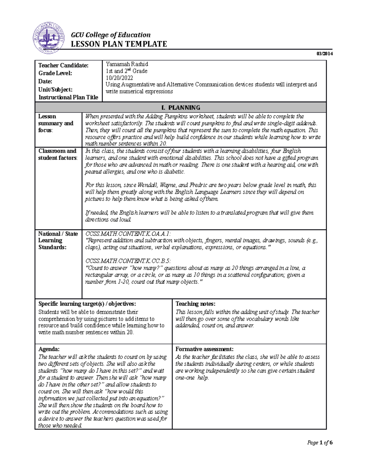 SPD 470 T2 CEO Lesson Plan - GCU College of Education LESSON PLAN ...