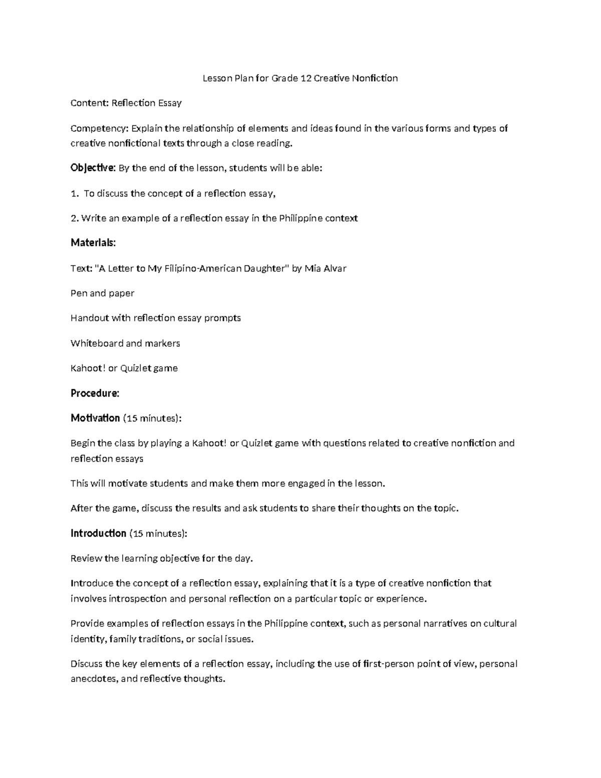 Grade 12 Reflection Essay Lesson Plan: Analyzing Creative Nonfiction ...