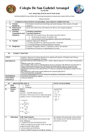 Algebraic Expression Lesson Plan (LP) Week 2: Evaluating Equations ...