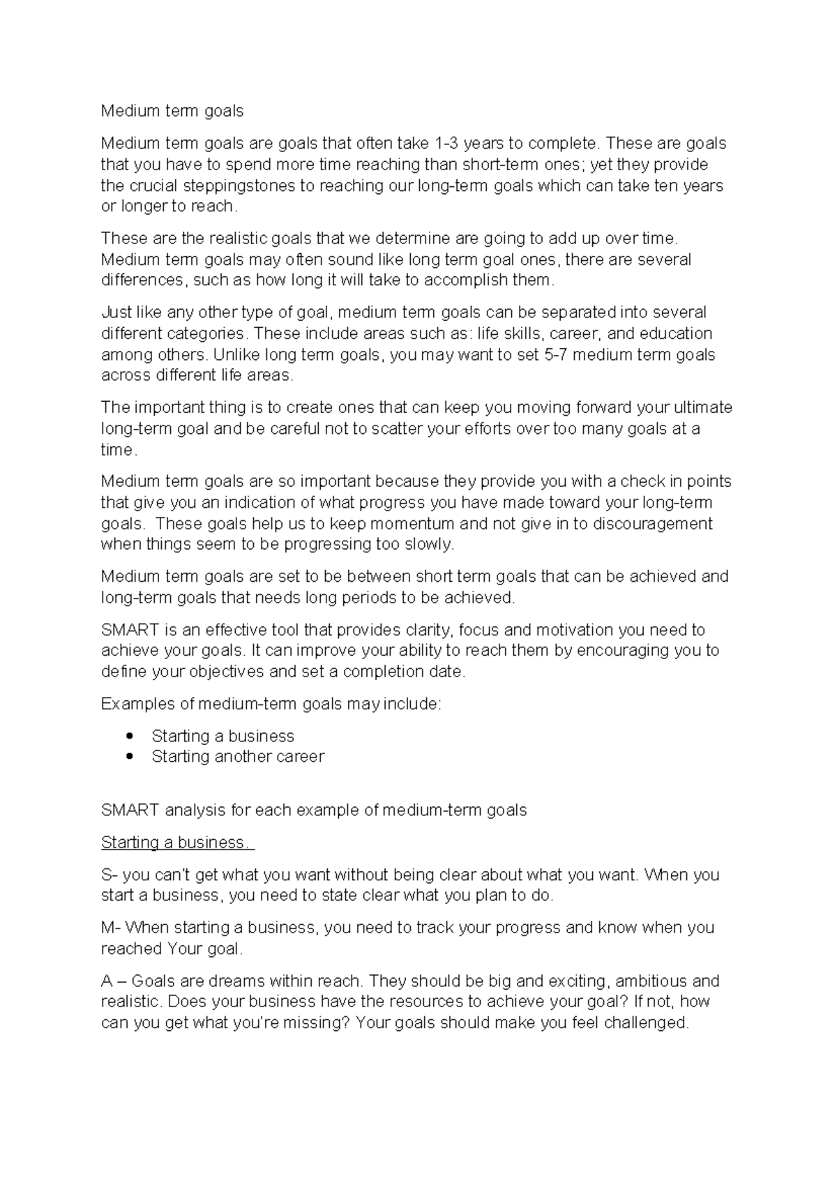 Medium Term Goals - Summary for Foundation in Life Skills - Studocu