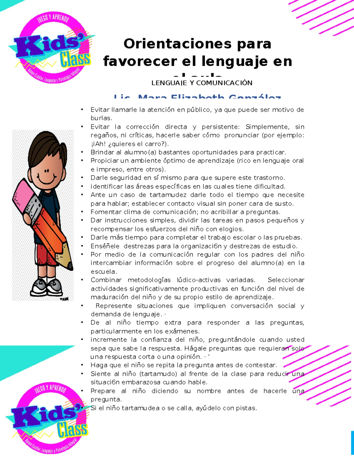 Recomendaciones para Favorecer el Lenguaje en el Aula - LENGUAJE ...