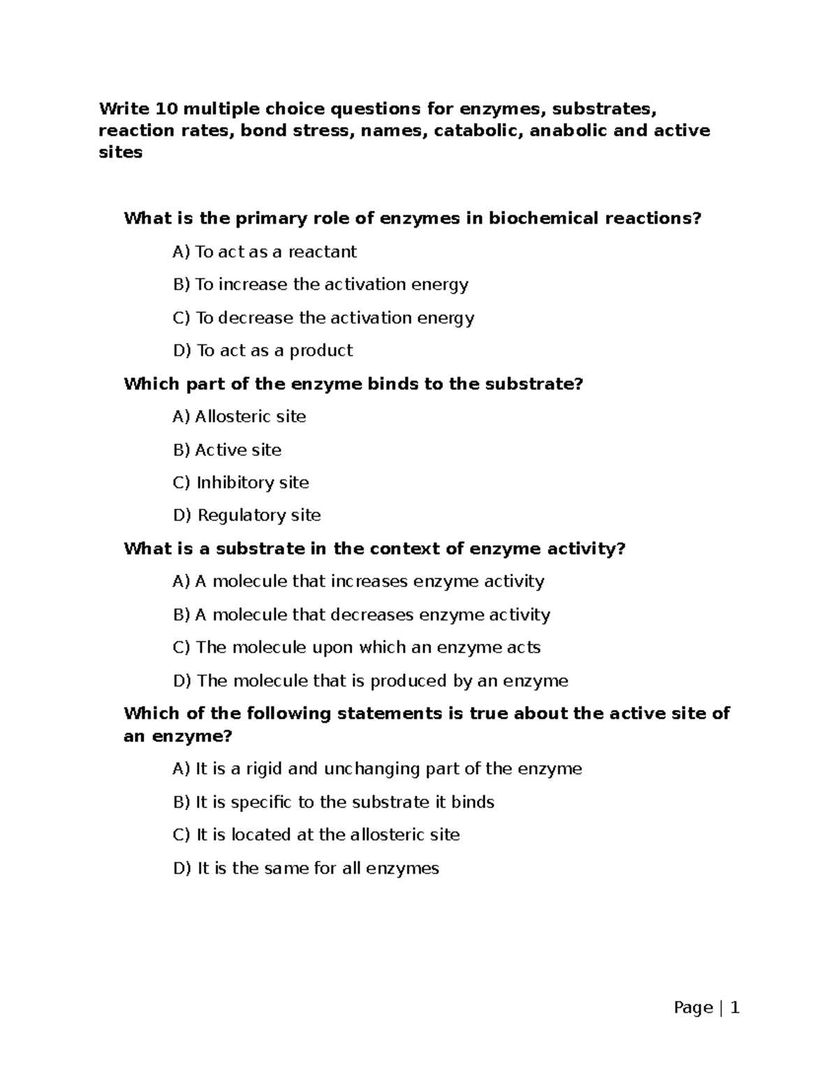 Final Exam MCQs on Enzymes, Transport, and Cell Signaling - BIO101 ...