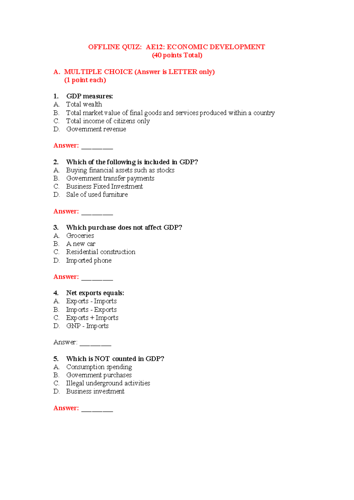 AE12: Offline Quiz on Economic Development - Answers Included - Studocu