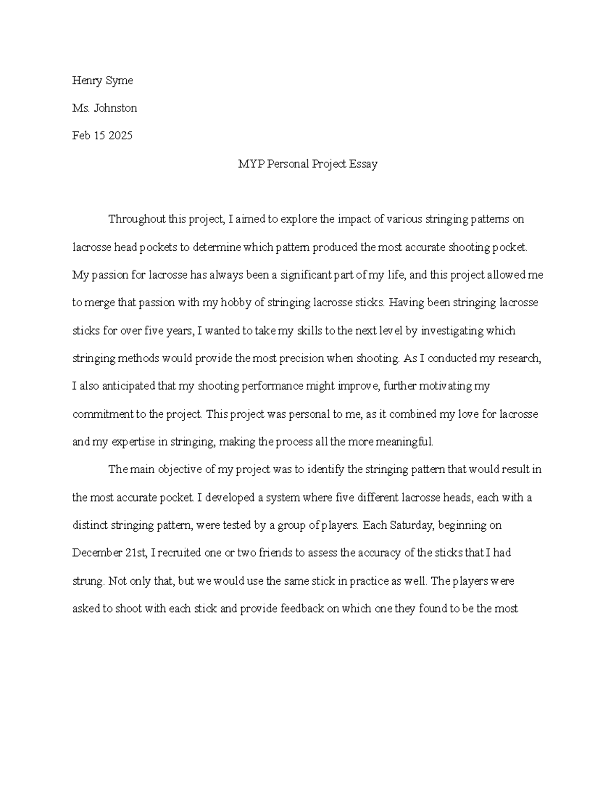MYP Personal Project Essay: Analyzing Lacrosse Stringing Patterns - Studocu