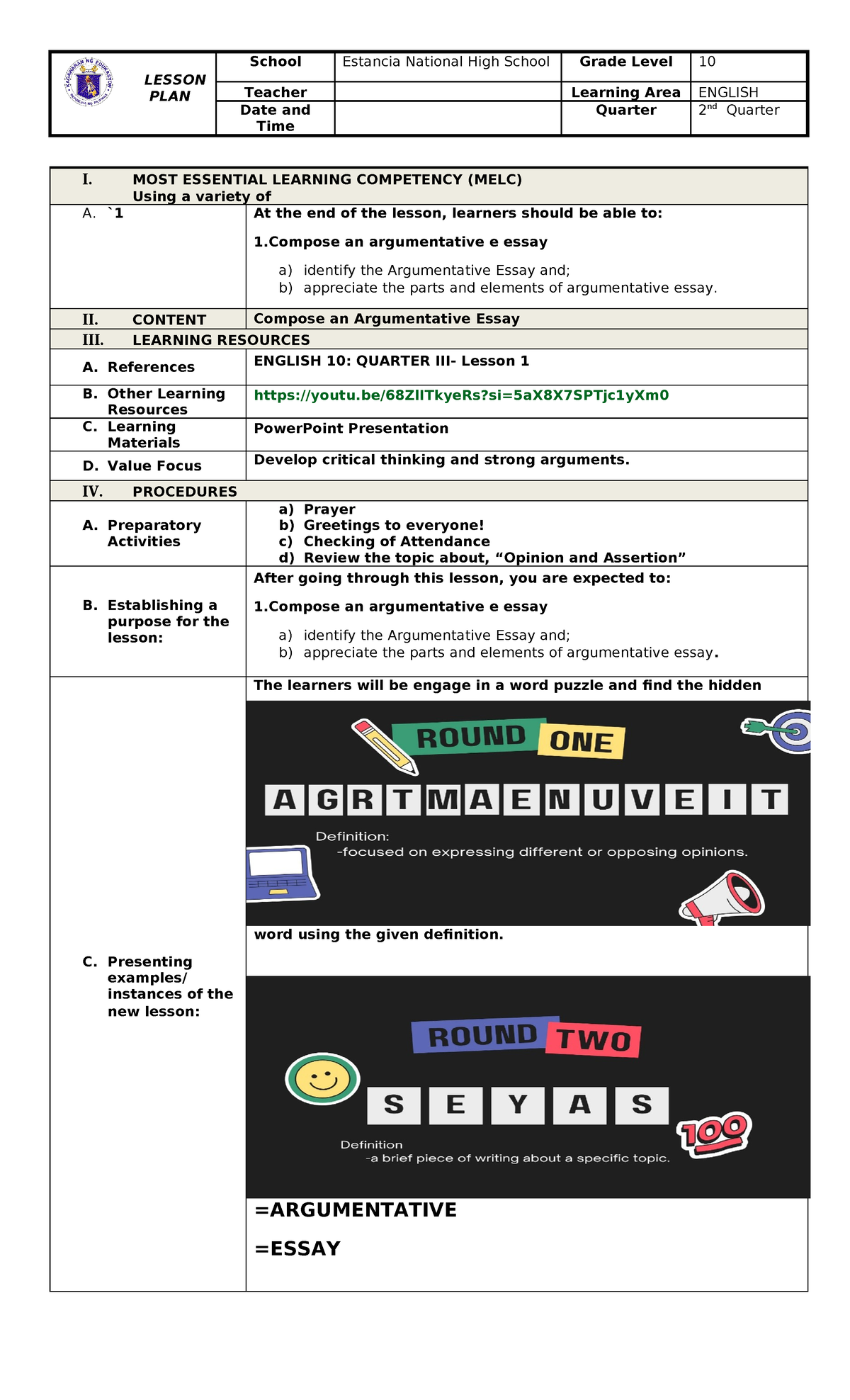Argumentative essay-LP - LESSON PLAN School Estancia National High ...