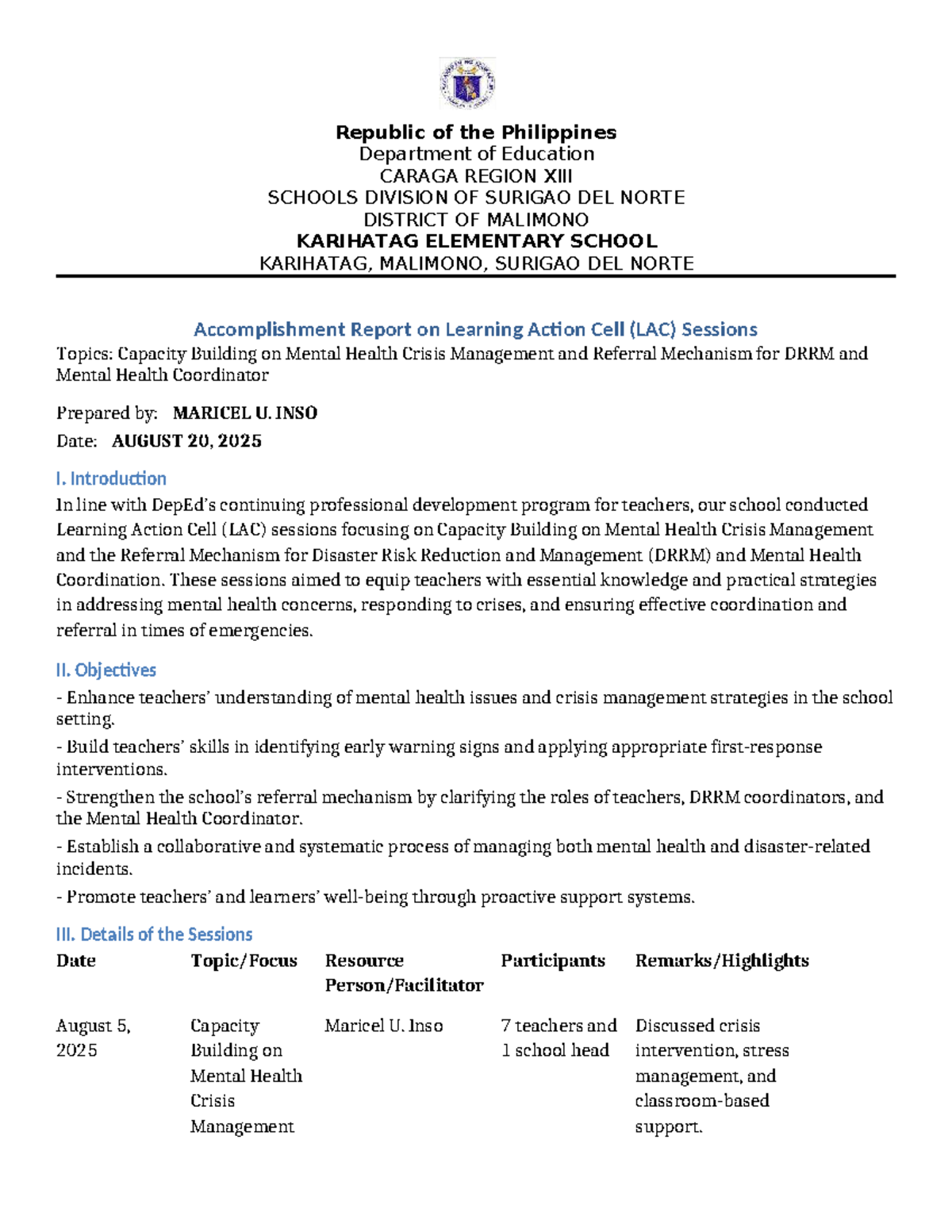 LAC Accomplishment Report: Mental Health Crisis Management & DRRM - Studocu