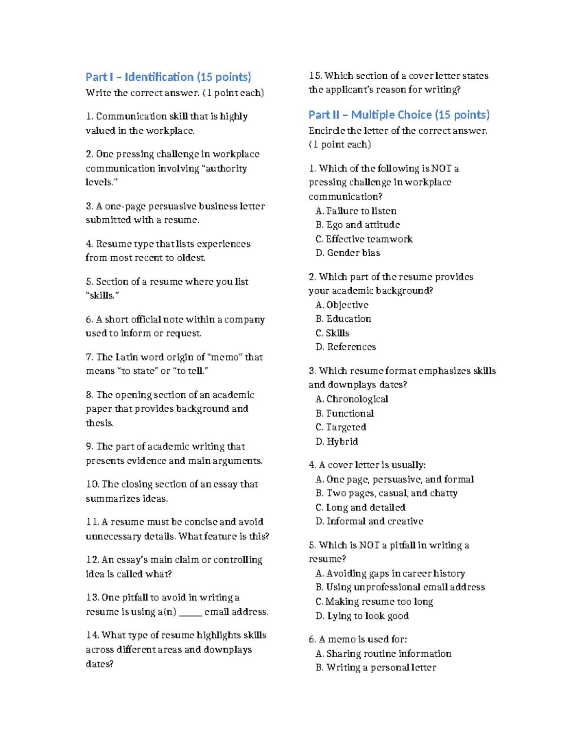 Midterm Exam: Purposive Communication Identification & Writing Skills ...
