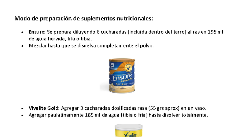 Preparación de Suplementos Nutricionales: Ensure, Vivalite Gold ...