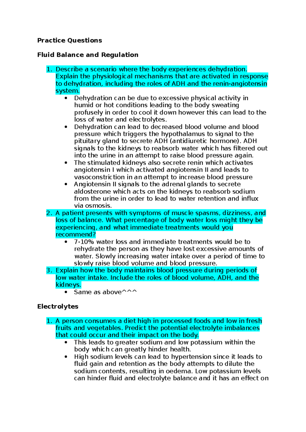 Practice Questions: Fluid Balance & Regulation (Course Code: 1) - Studocu