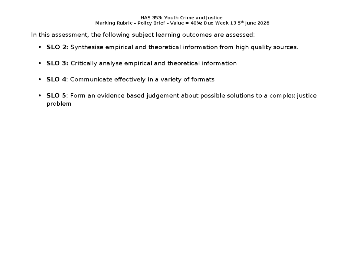 HAS 353: Youth Crime and Justice Assessment 3 Marking Rubric - Studocu