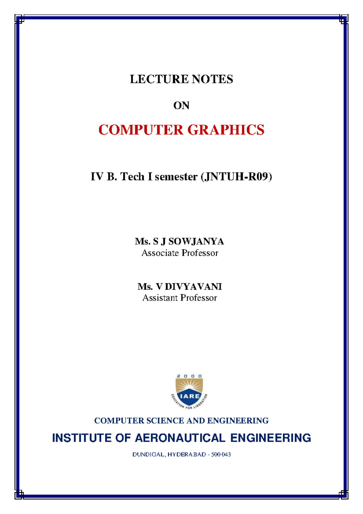 Final cg notes - LECTURE NOTES ON COMPUTER GRAPHICS IV B. Tech I ...