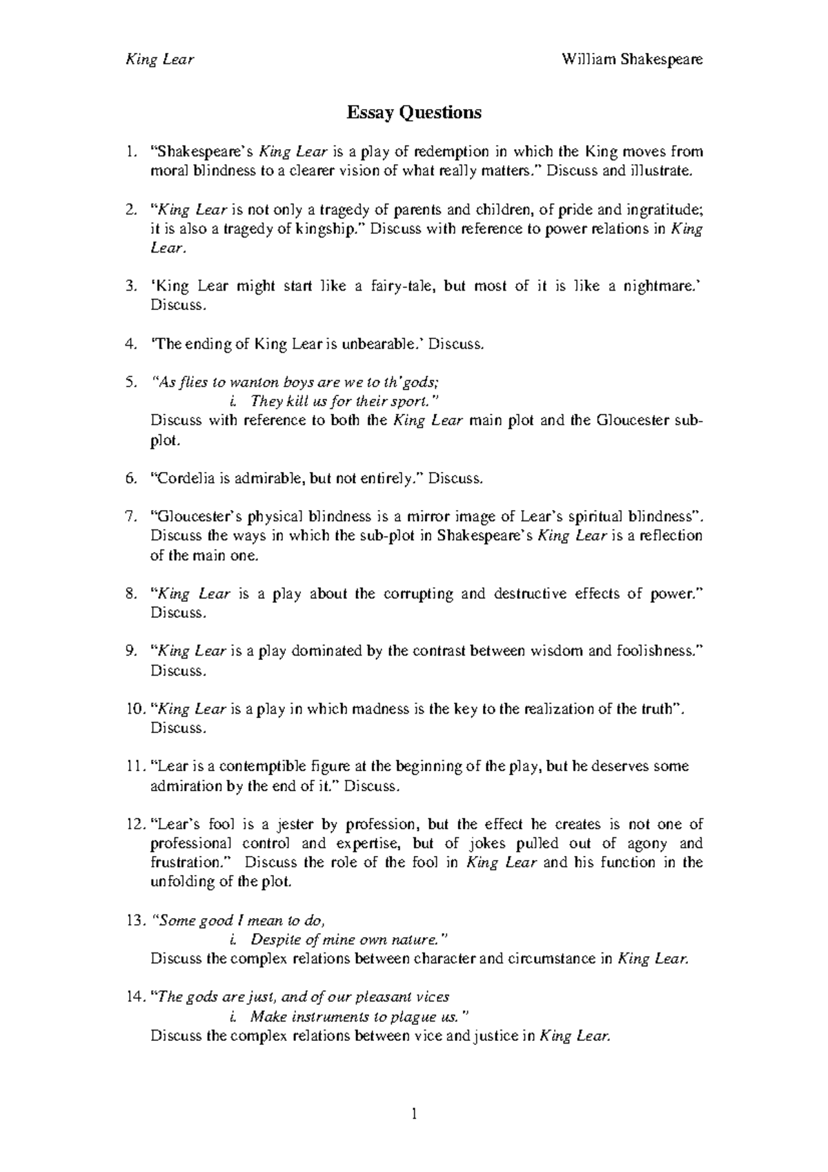 Essay Questions for King Lear: In-Depth Analysis and Discussion - Studocu