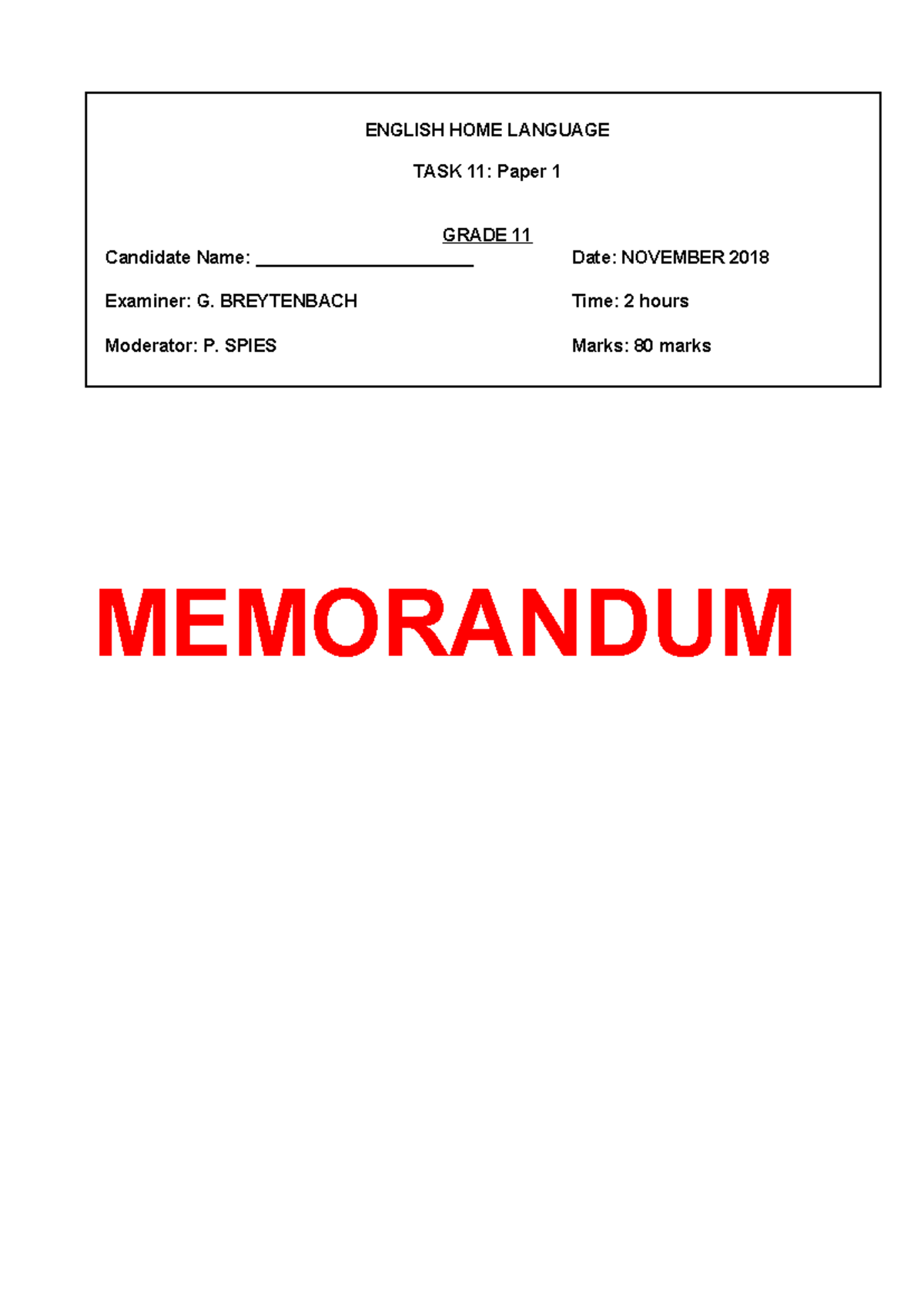 ENGLISH HOME LANGUAGE GRADE 11 PAPER 1 MEMORANDUM NOV 2018 - Studocu