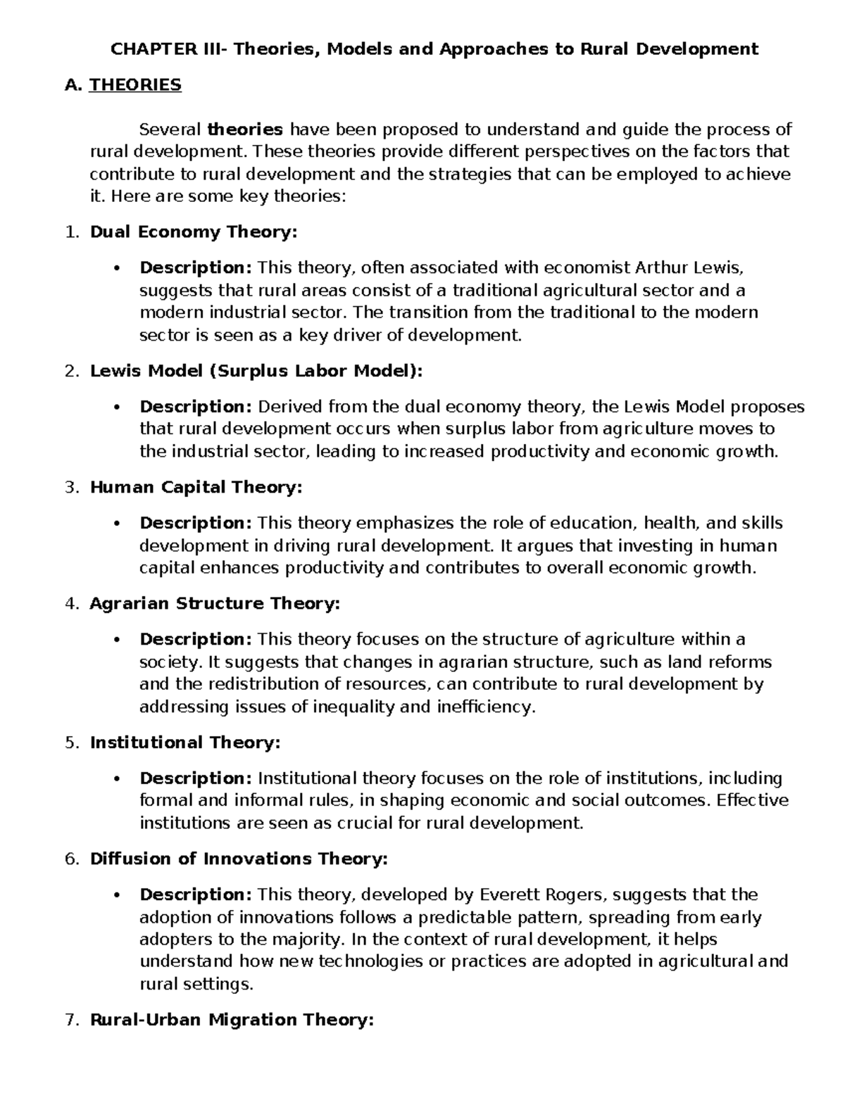 Chapter III MC8: Theories and Models of Rural Development - Studocu