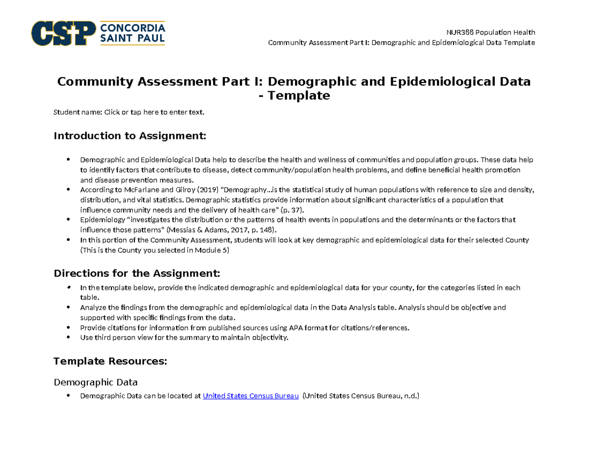 NUR 388 Community Assessment Part I: Demographic & Epidemiological ...