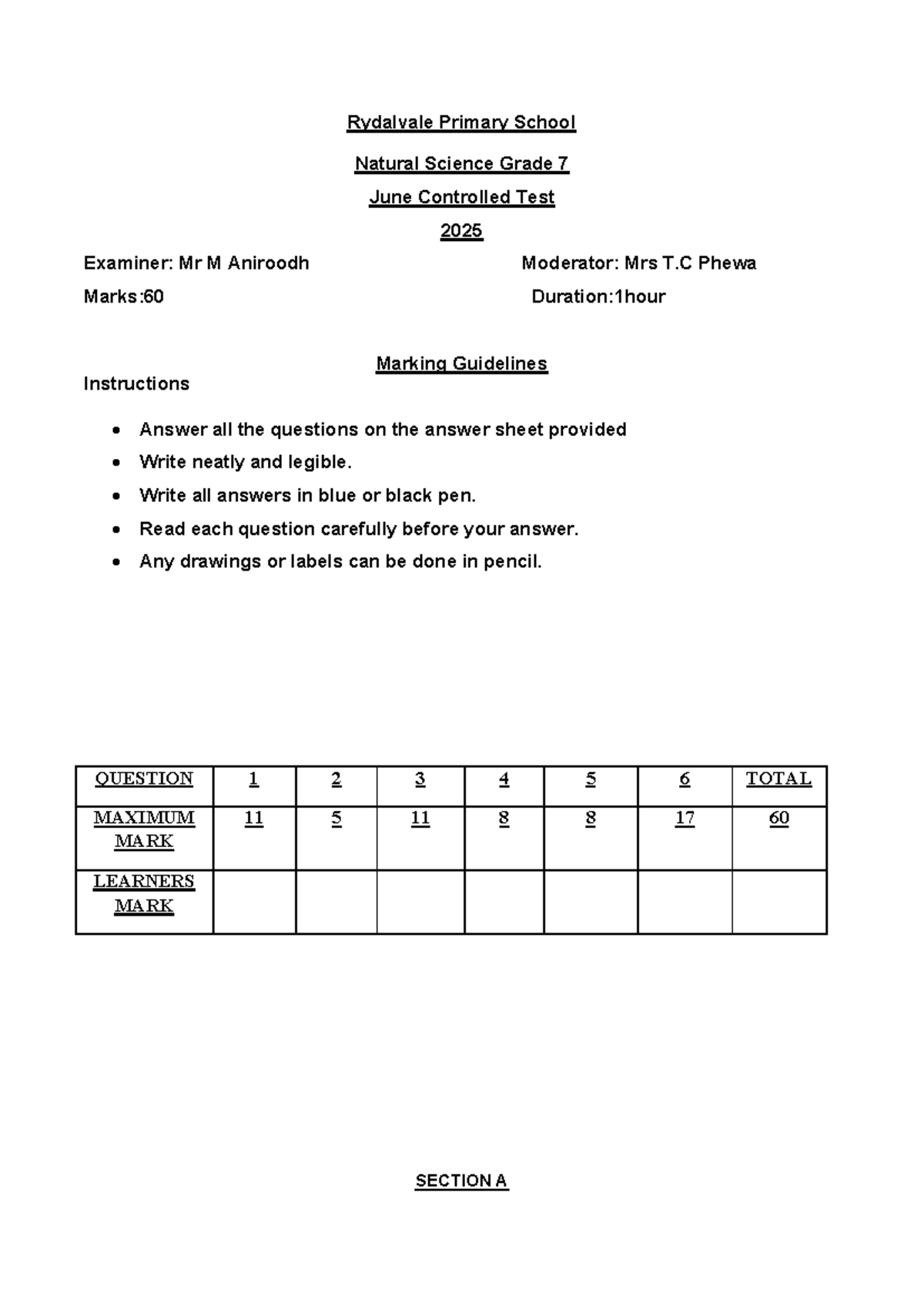 2025 NS Grade 7 June Controlled Test Marking Guidelines - Studocu