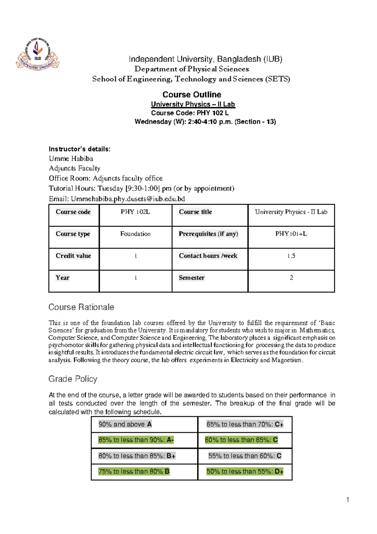 PHY 102L University Physics II Lab Course Outline and Assignments - Studocu