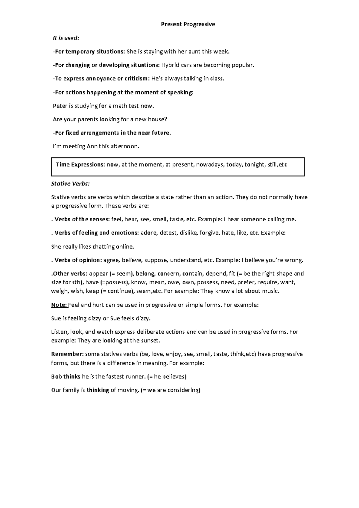 Present Progressive Grammar Notes - ENG 101 - Studocu