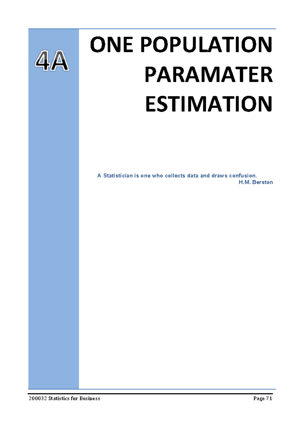 Stats 101 - WK 5: Estimating Population Parameters in Sampling - Studocu