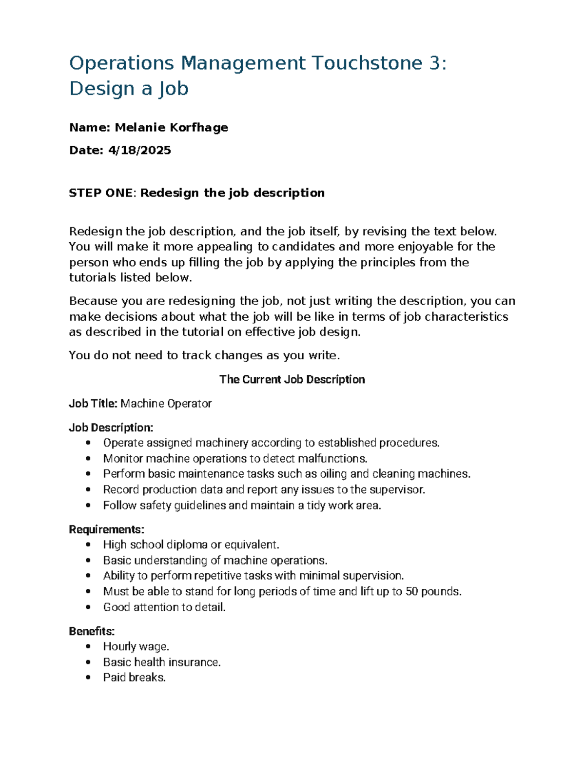 Operations Management Touchstone 3: Job Design Redesign and Analysis - Studocu