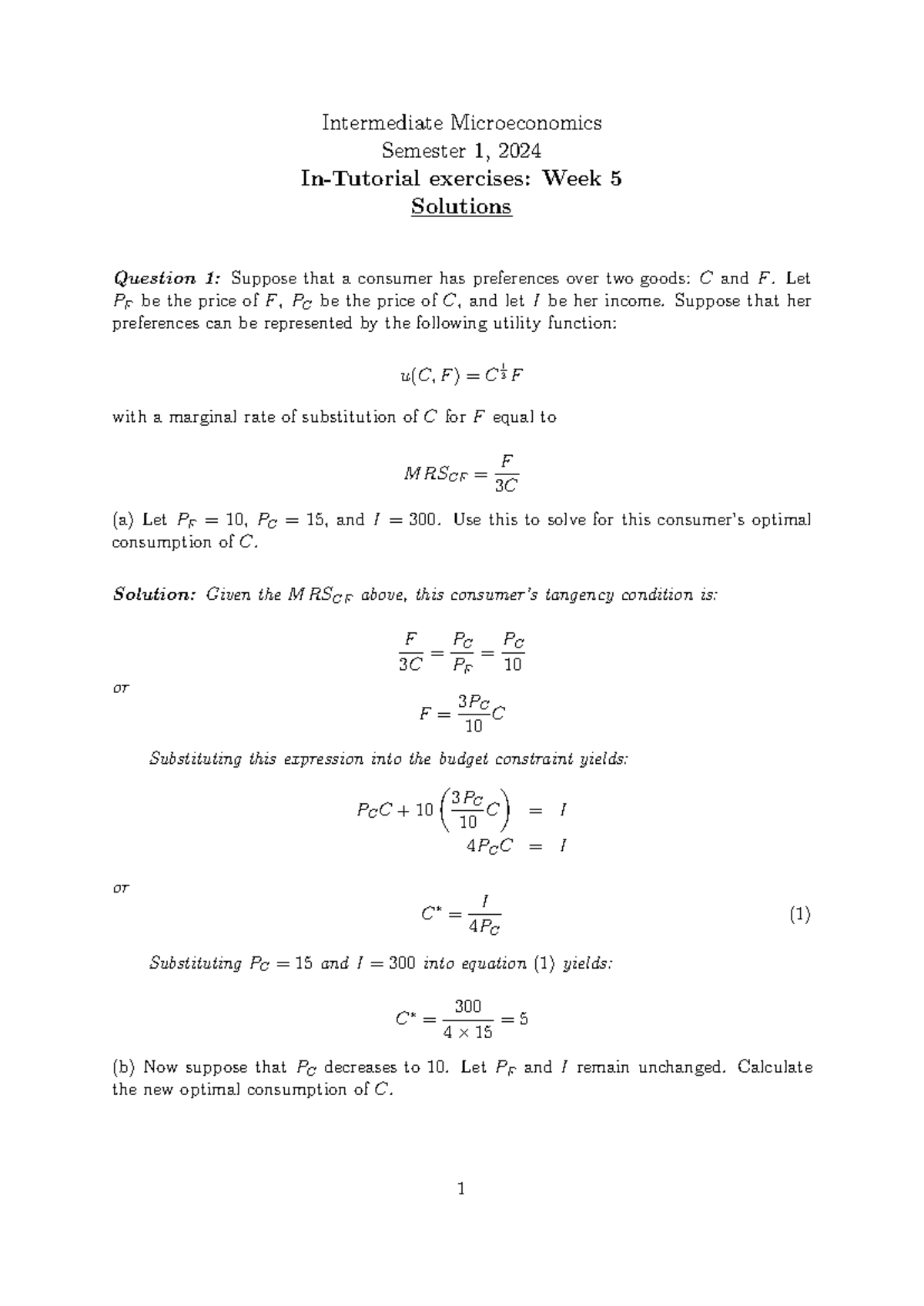 In Tute Wk05 IM 2024 Sol - tutorial work - Intermediate Microeconomics Semester 1, 2024 In ...
