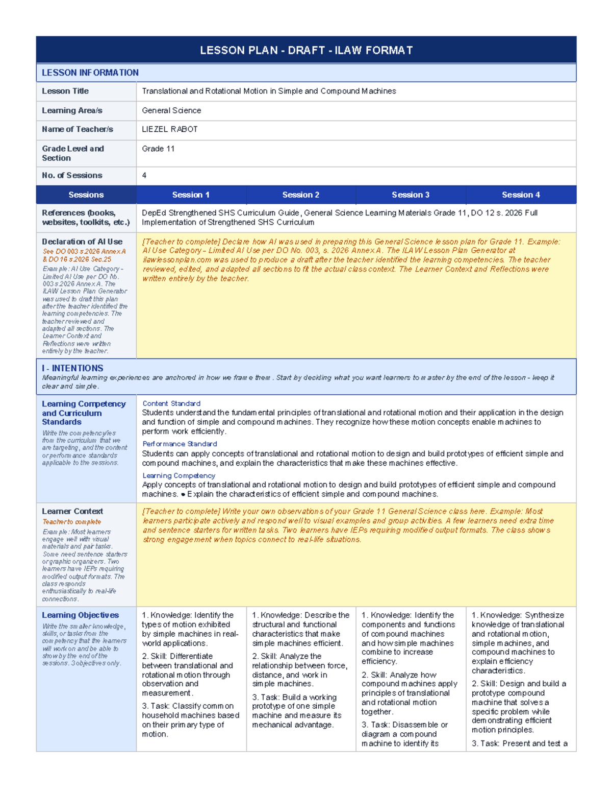 Grade 11 General Science Lesson Plan: Translational & Rotational Motion ...