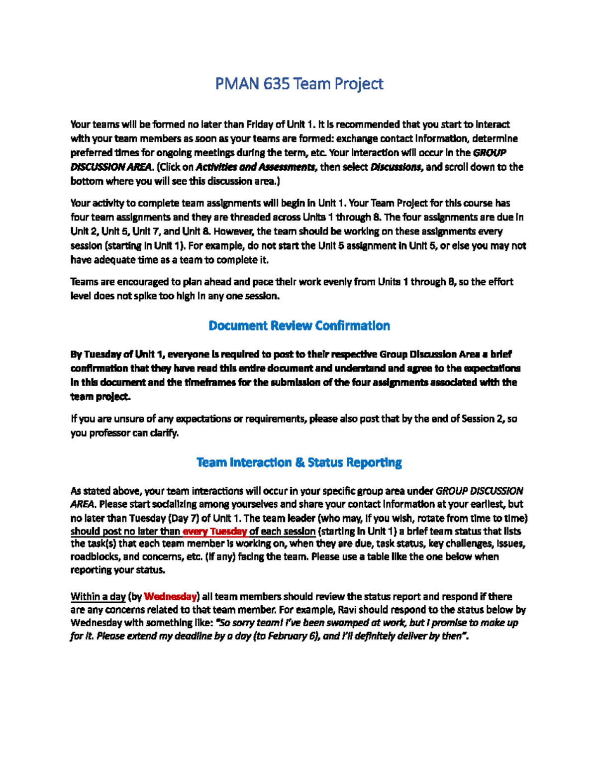 PMAN 635 Team Project Guidelines and Assignment Overview - Studocu