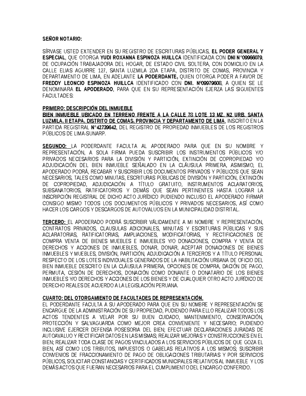 Minuta Poder General y Especial ante Notario - Escritura Pública - Studocu