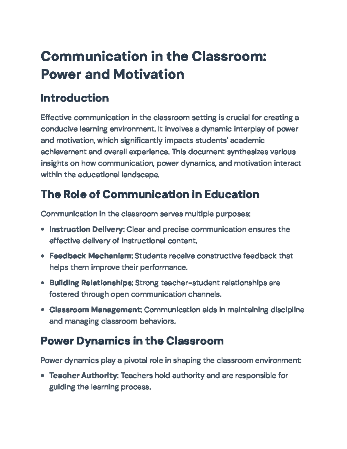 Communication in the Classroom: Power Dynamics and Student Motivation ...