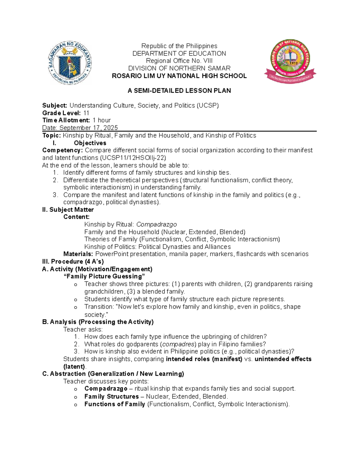 UCSP Lesson Plan: Understanding Kinship, Family, and Political ...