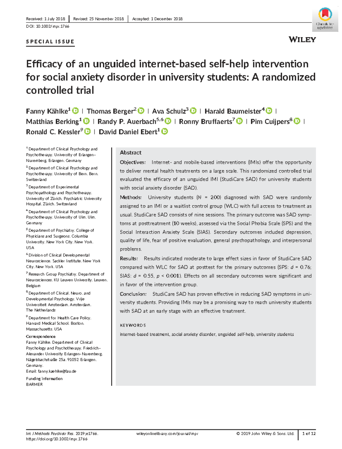 Efficacy of Unguided Internet Self-Help for SAD: A Study - Studocu