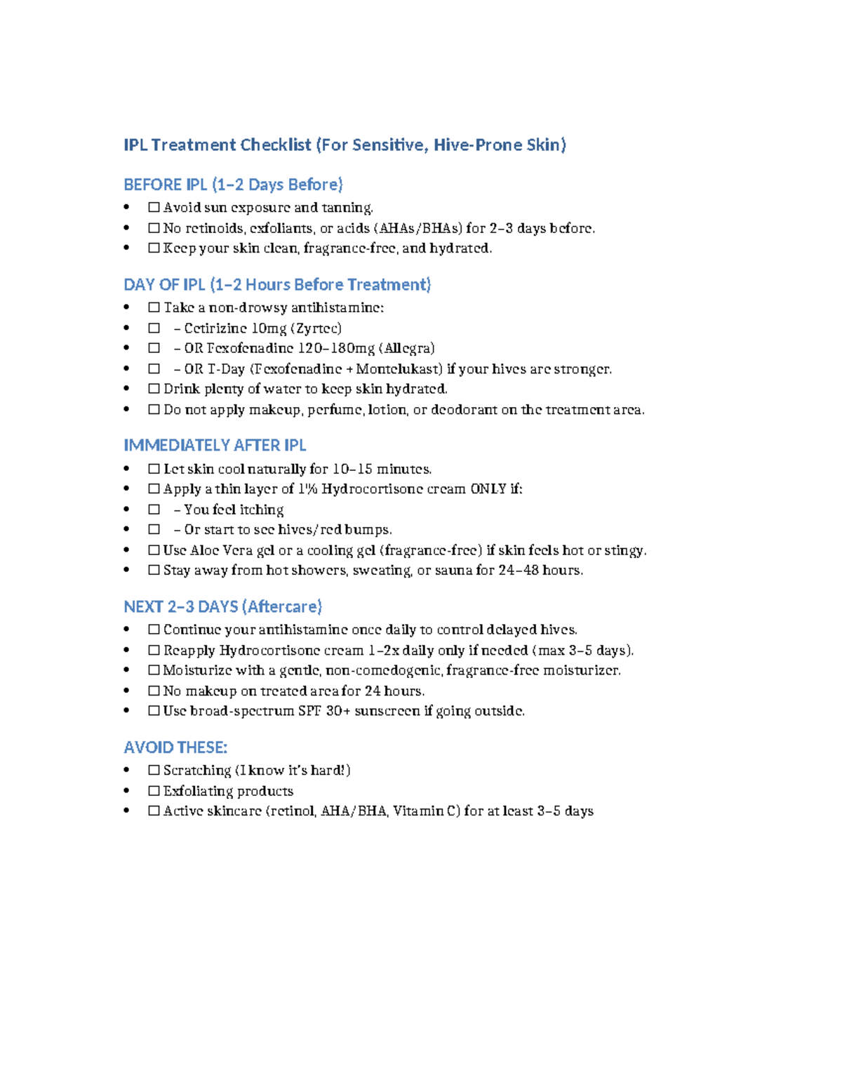 IPL Treatment Checklist for Hives: Pre and Post-Care Guide - Studocu