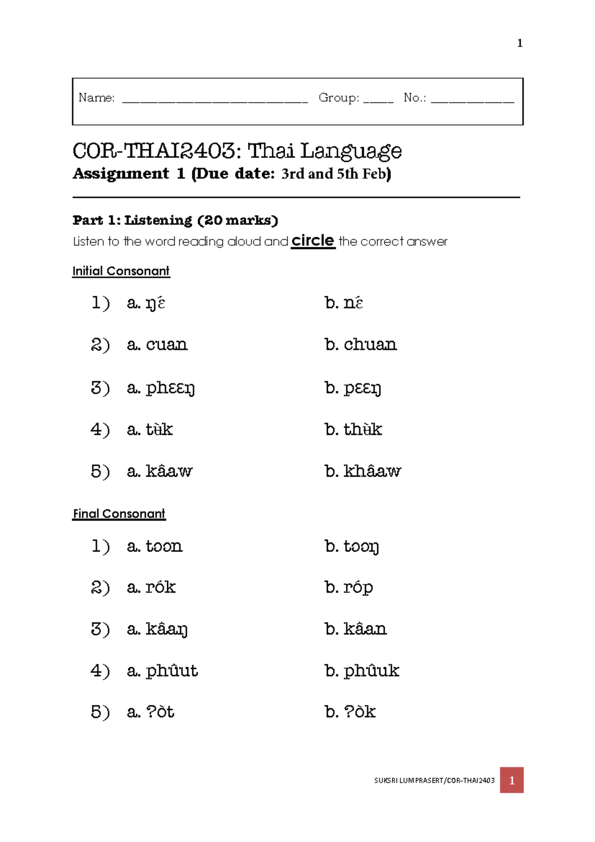 Thai Language Assignment 1 (FRJIJI) - Listening & Dialogue Exercises ...