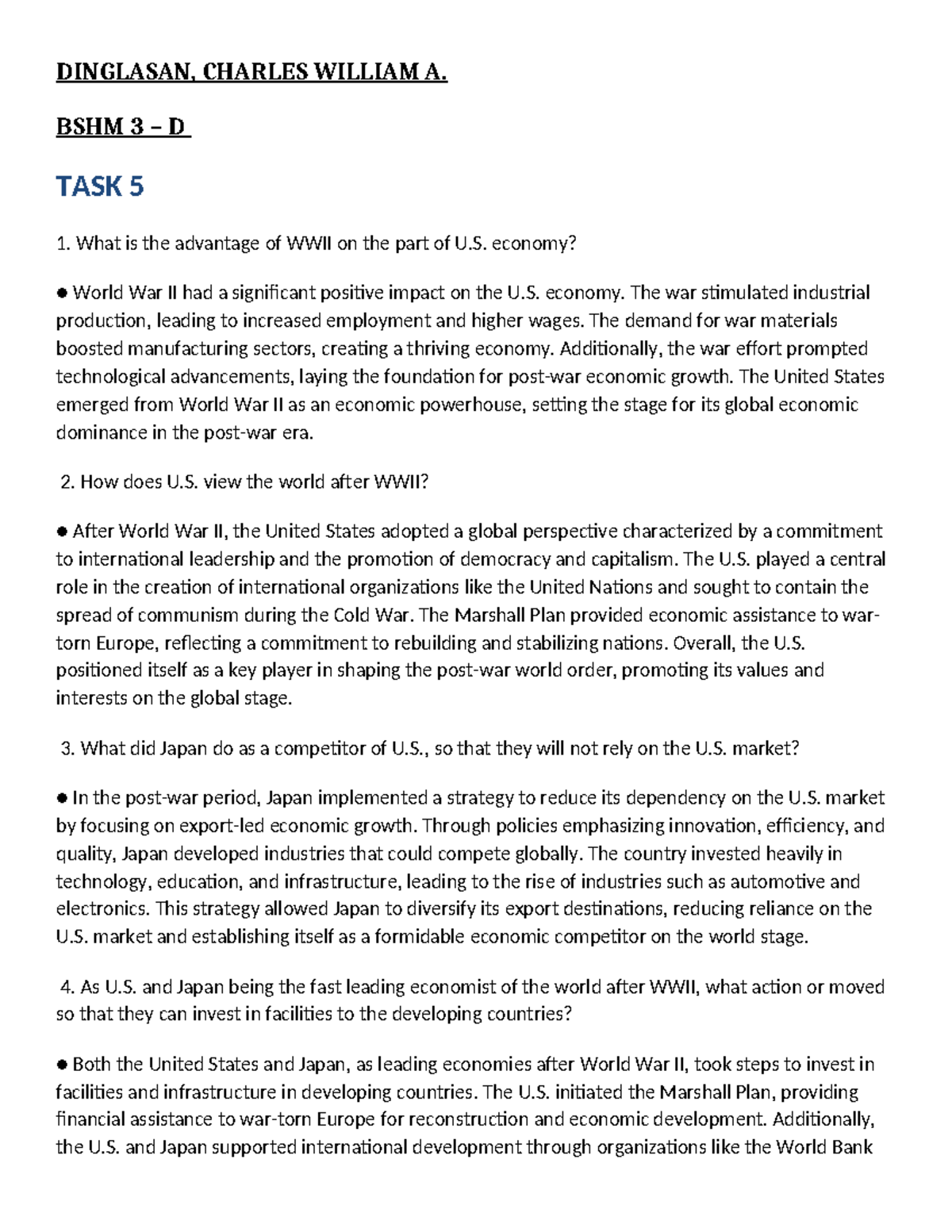 Contemporary World: Economic Impacts of WWII and Globalization (TASK 5 ...