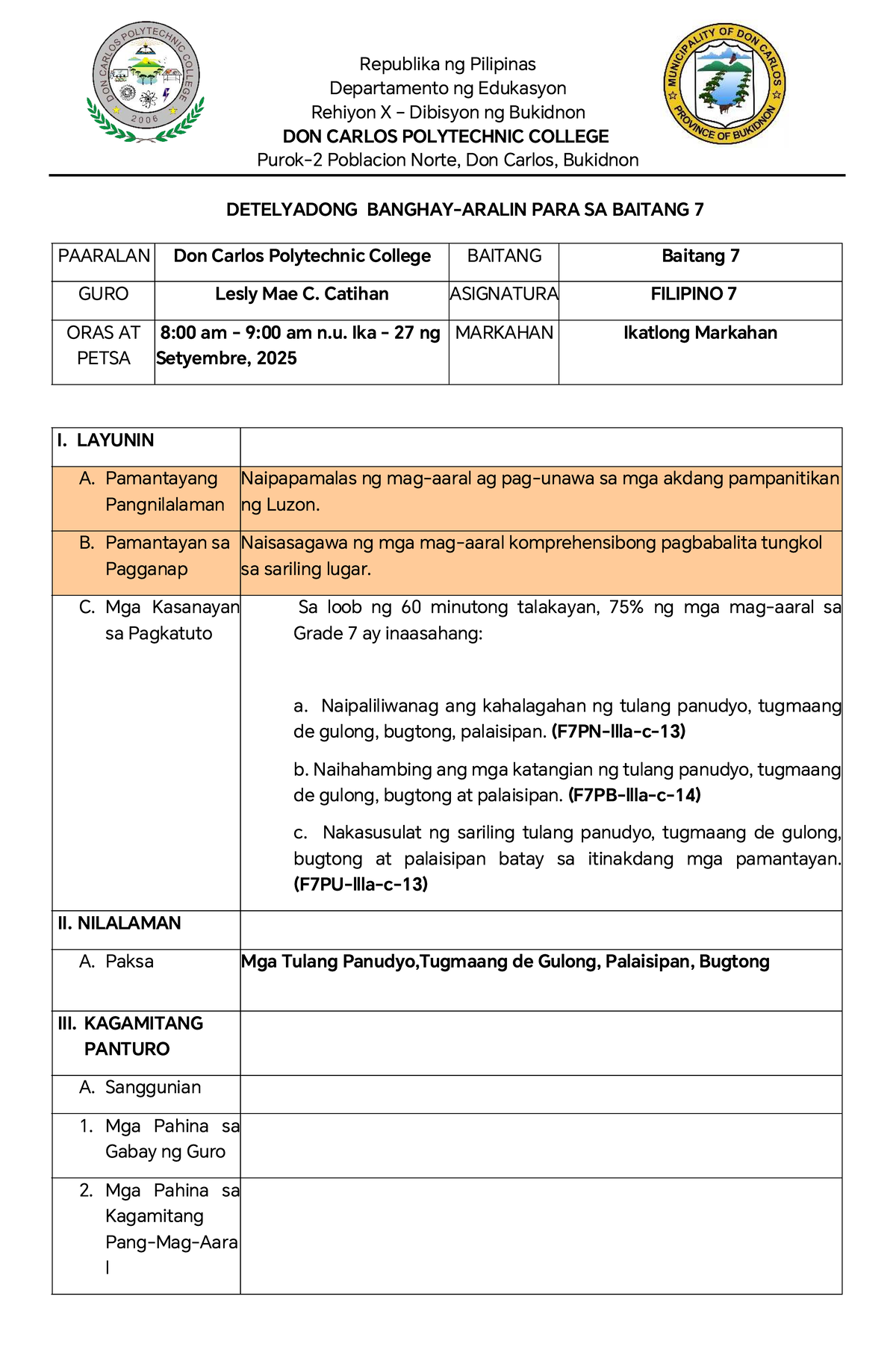 Detailed Lesson Plan for Grade 7 Filipino (TTL 102) - Studocu