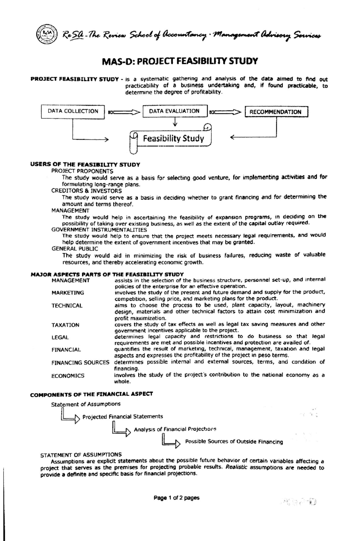 MAS D - Feasibility Study - BS accountancy - Studocu