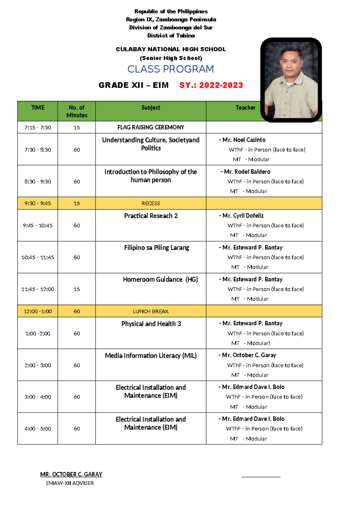 Class Program for Grade XII EIM 2022-2023 at Culabay NHS - Studocu