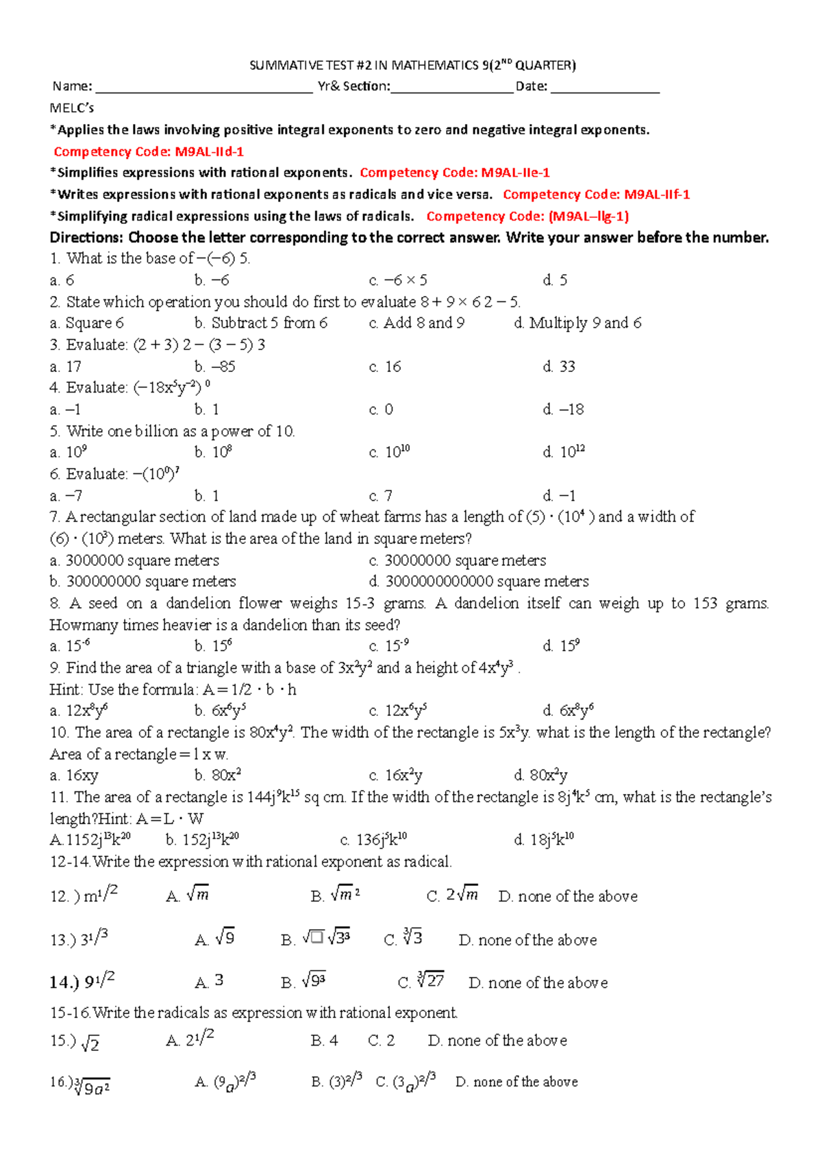 Summative Test #2 for Mathematics 9 (2nd Quarter) - Studocu