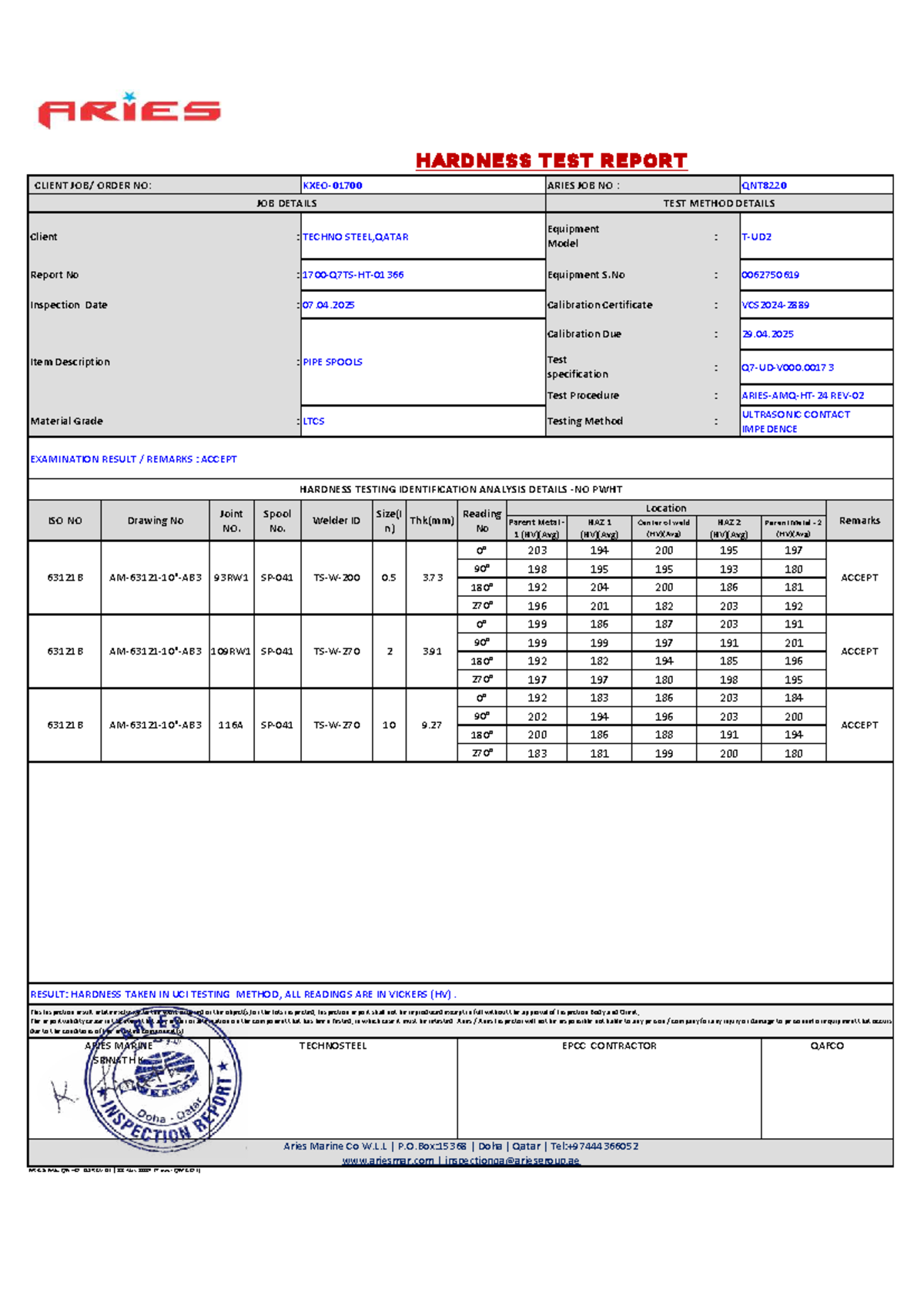 Hardness Test Report QNT8220 - Non PWHT Analysis (07.04.2025) - Studocu