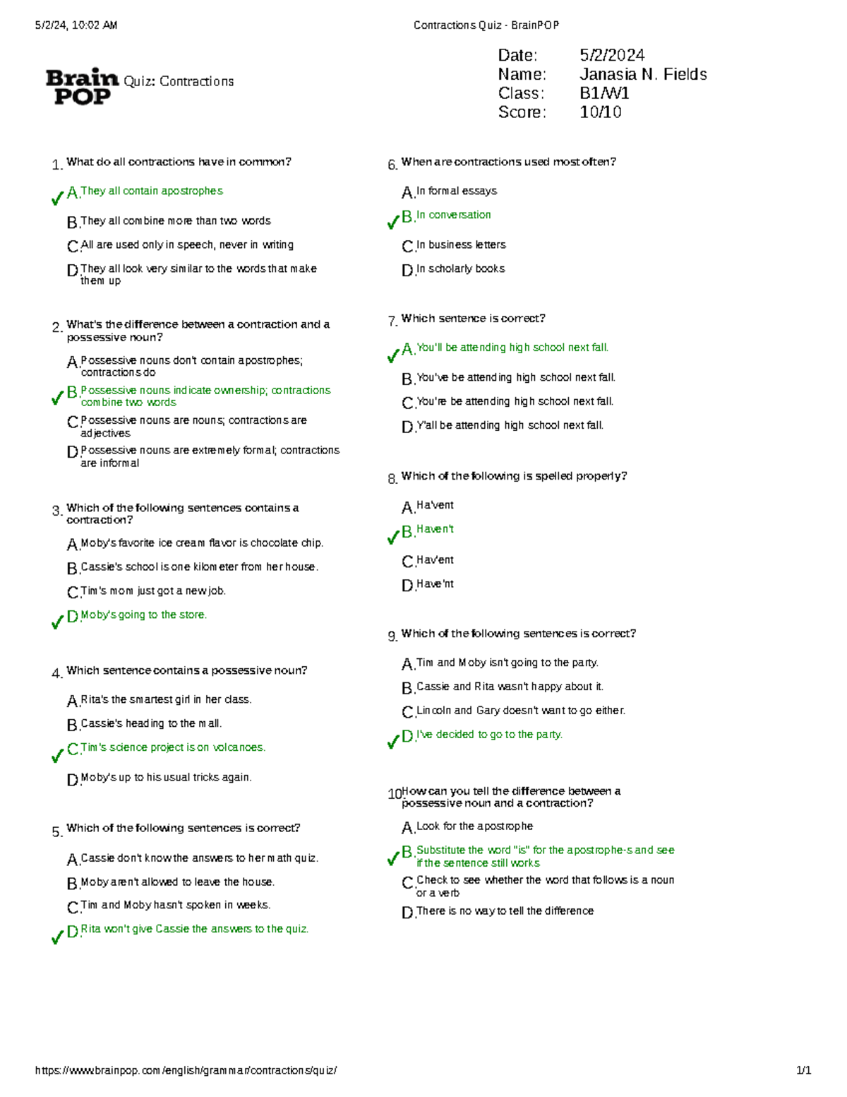 Contractions Quiz - BrainPOP (ENG 101) - Studocu