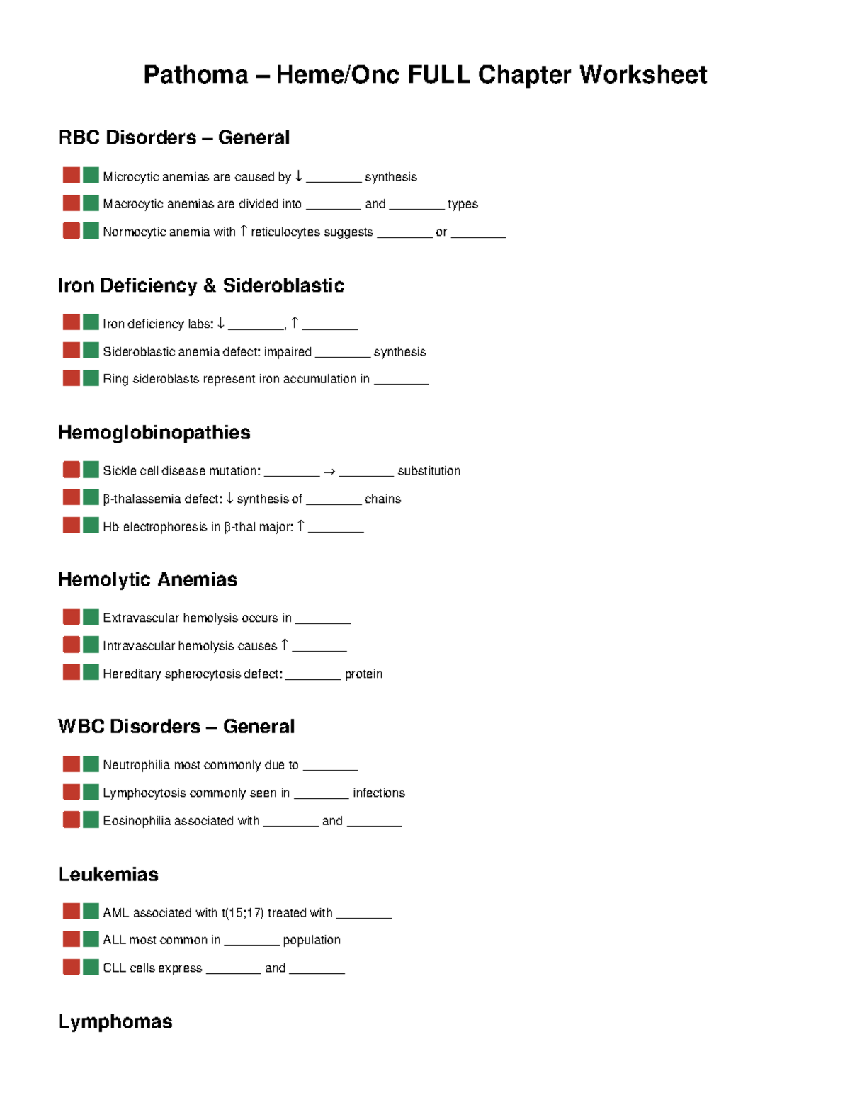 Pathoma Heme Onc FULL Chapter Worksheet: RBC & WBC Disorders - Studocu
