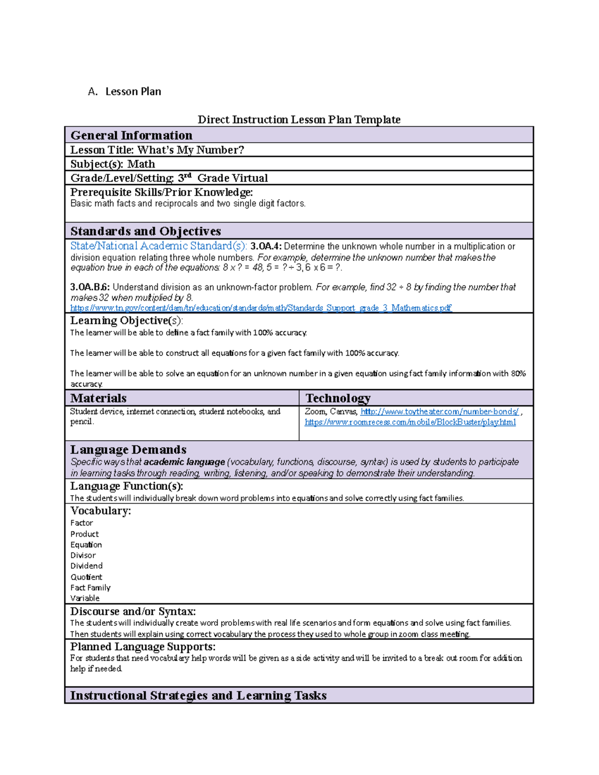 D091 Task 2-2 - passed - A. Lesson Plan Direct Instruction Lesson Plan Template General ...