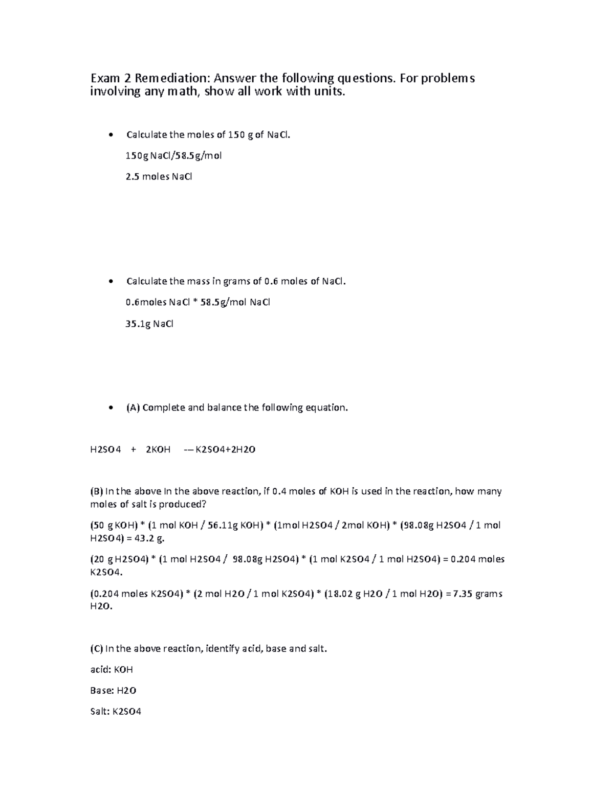 Exam 2 Remediation: Chemistry Calculations and Reactions Guide - Studocu