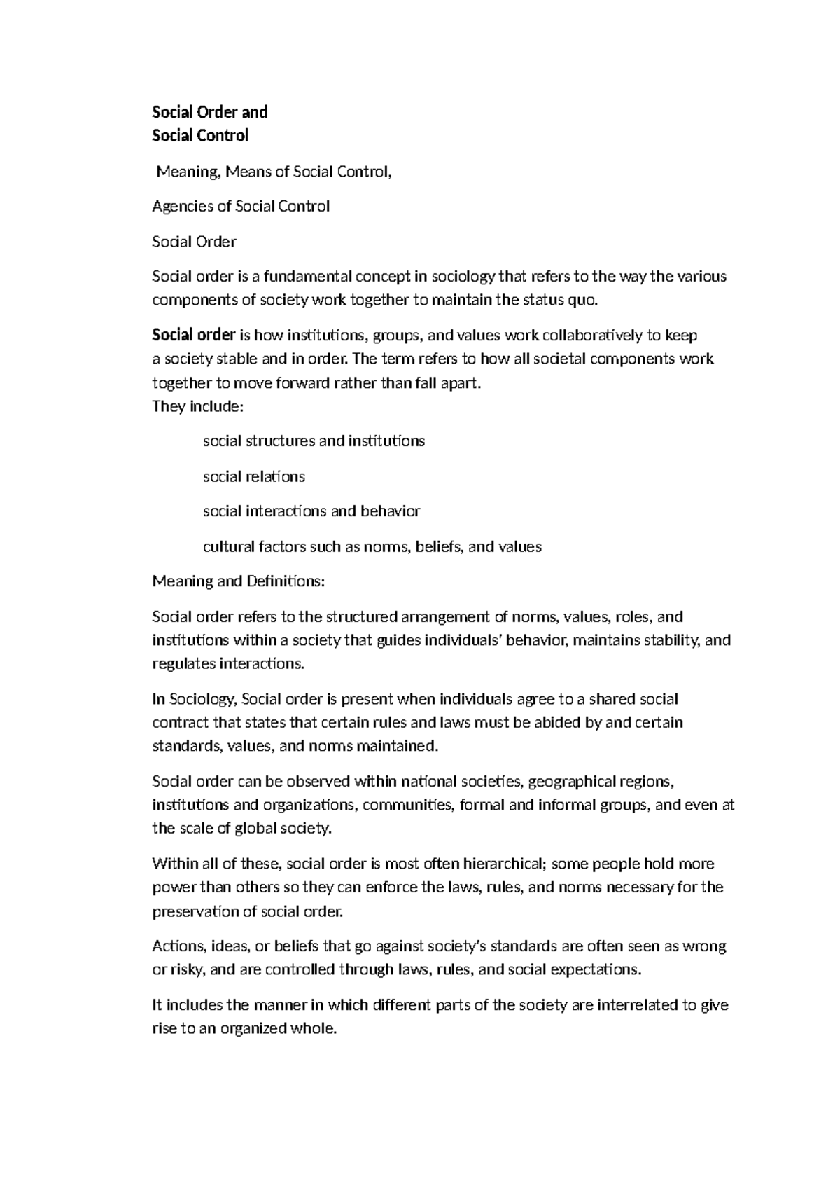 Social Order and Control: Insights from Sociology (SOC101) - Studocu